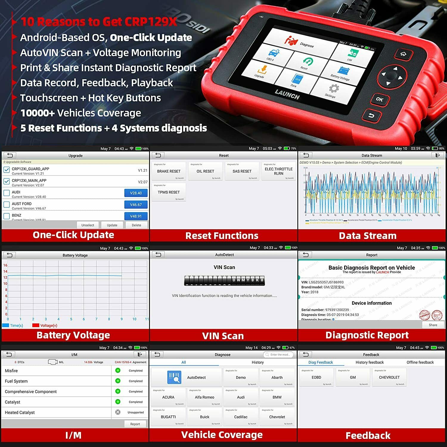Launch X431 CRP129X OBD2 Scanner Engine ABS SRS AT Diagnostic Tool Oil ...
