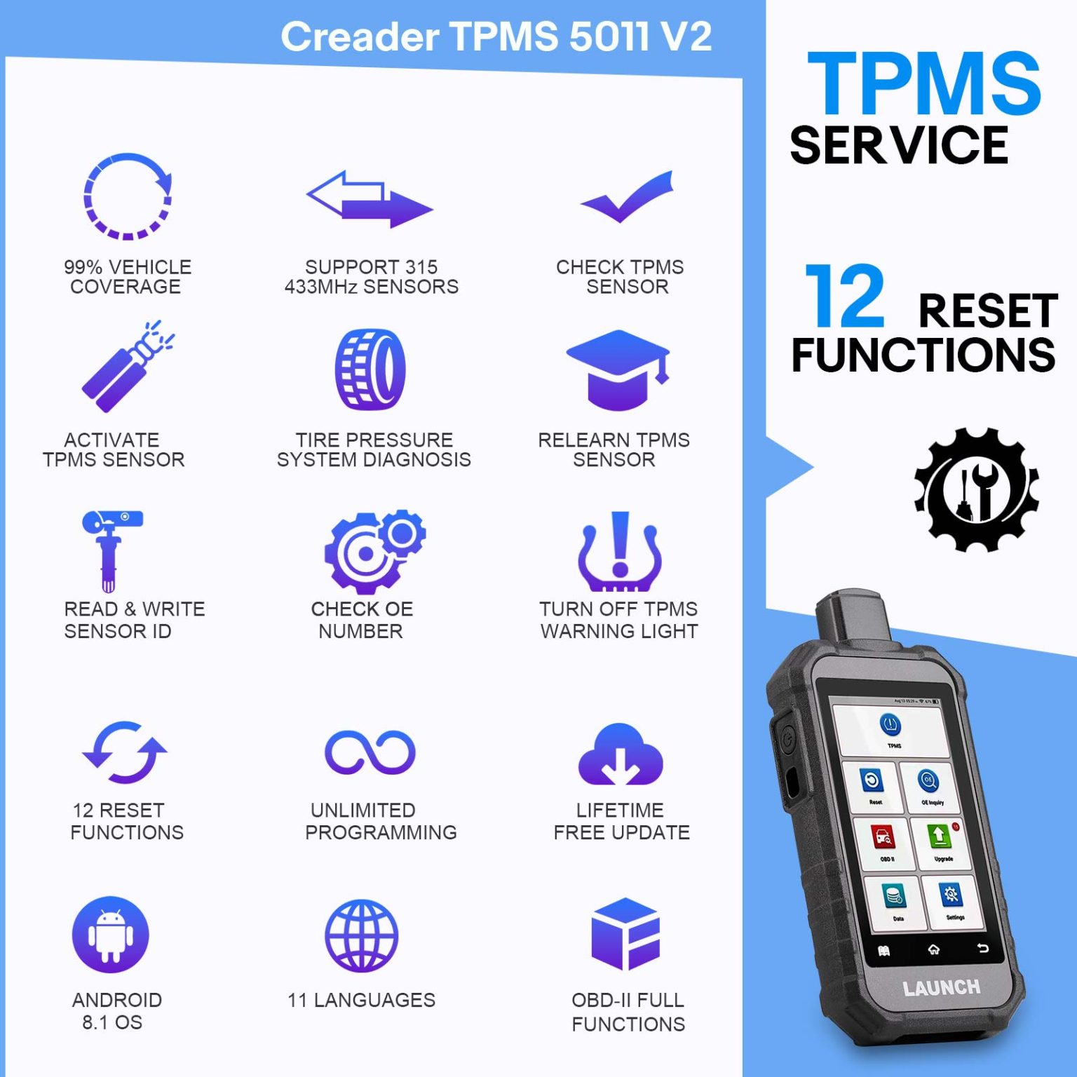 LAUNCH Creader TPMS 5011 V2 TPMS Activation and Diagnostic Tool WIFI Upgrade 12 Reset Functions ...